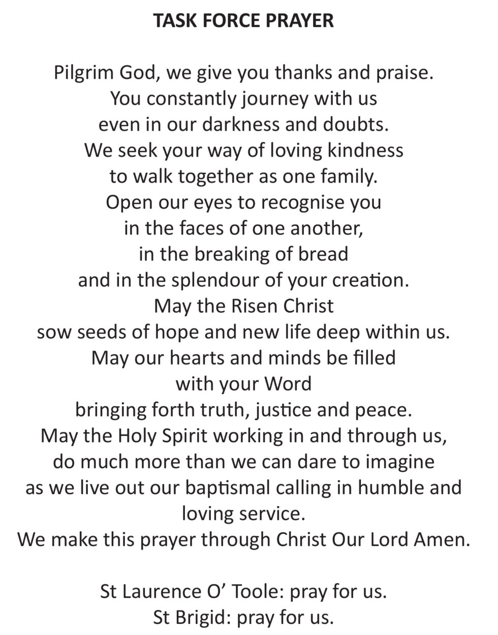 Task force prayer | Church of St Thérèse, Mount Merrion Parish